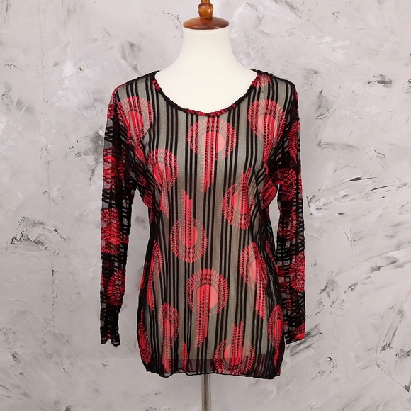 Kaktus | Tops | Kaktus Red Black Sheer Long Sleeve Tunic Top | Poshmark